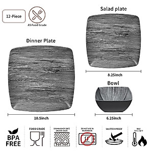 Melamine 12pcs Classic Square Dinnerware Set, Concise Plates and Bowls Set, Service for 4, Dishwasher Safe, Natural Wood Grain Design,black wood