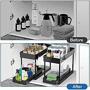 Sifxouped Under Sink Organizers and Storage, Two Tier Pull Out Cabinet Organizer with Hooks, 2 Pcs Under Sink Cabinet Basket with Sliding Drawers, Kitchen Bathroom, Black