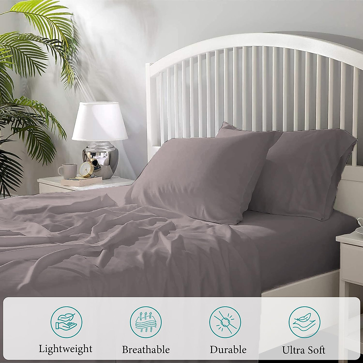 Bunny's Home 4 Piece Full Bed Sheet Set Egyptian Cotton Light Grey Full Size Sheet Set Breathable Sheets Extra Deep Pocket Full Sheets Fits 17 Inch Deep Mattress Machine Washable Cooling Sheets