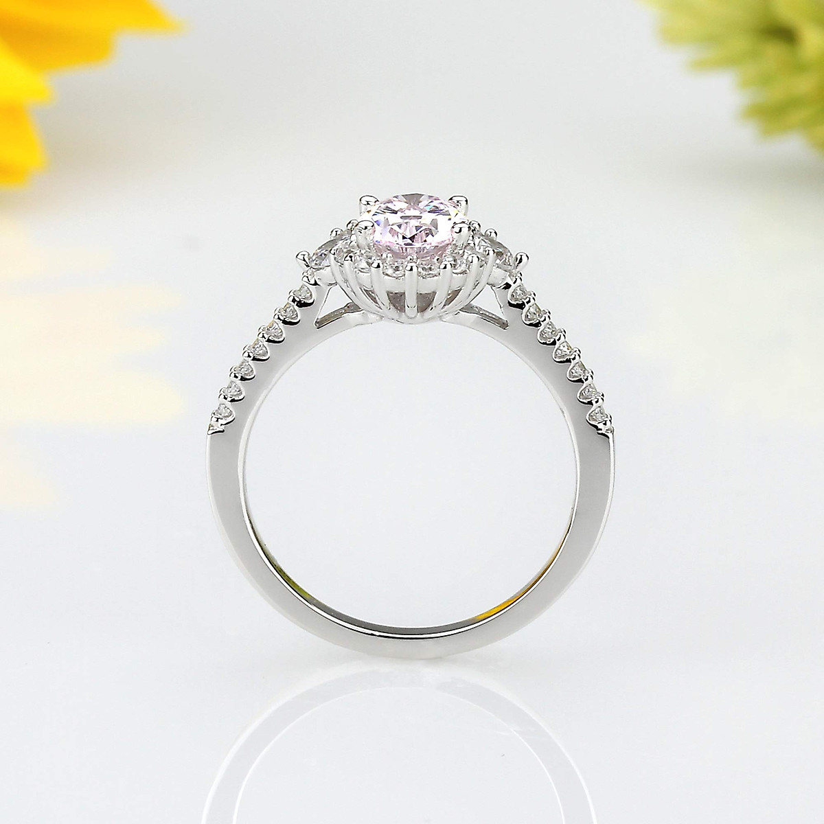 Platinum Plated Sterling Silver Ring 1.2 CT Oval Super Light Pink CZ Stone Halo Ladies Cocktail Ring (Size 5 to 9), 7