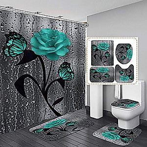 Ochine 4 Pcs Rose Shower Curtain Sets Floral Bathroom Shower Curtain Set with Rugs, Toilet Lid Cover and Bath Mat, Waterproof Polyester Fabric Flower Shower Curtains for Bathroom Decor with 12 Hooks