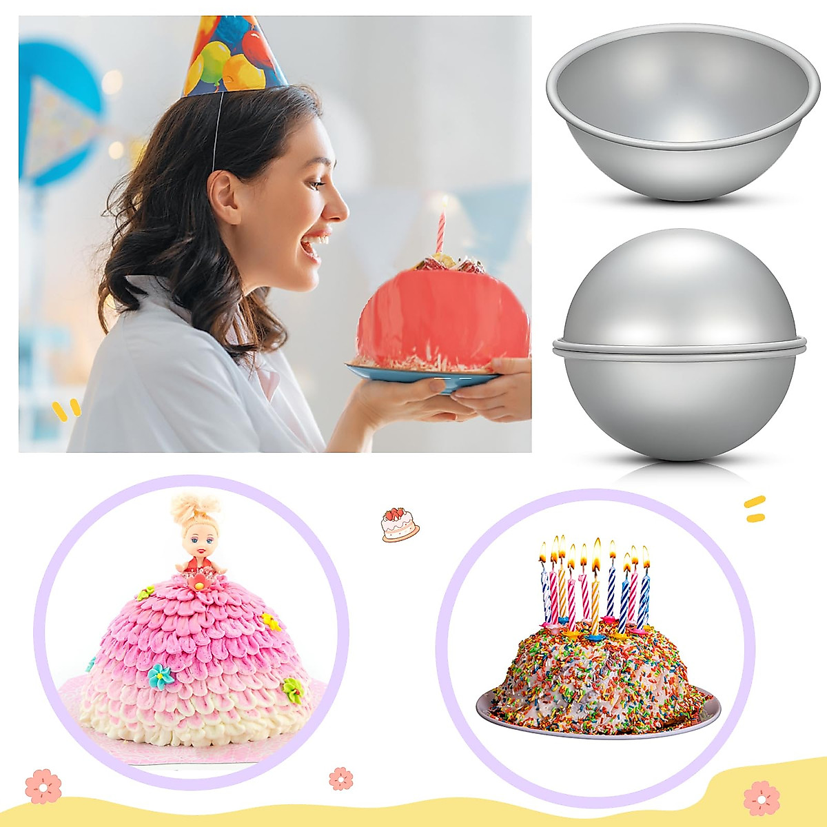Hushee 2 Pcs Football Cake Pan 8 Inch Aluminum Hemisphere Pan Nonstick 3D Round Shape Cake Molds for Baking Sphere Half Ball Cake Pan for Birthday Wedding Anniversary DIY Cakes Bakeware Tools, Silver