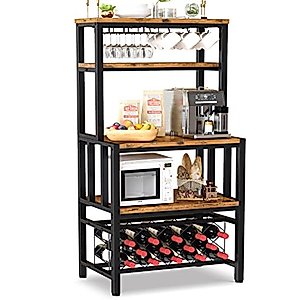 AWQM 5-Tier Kitchen Bakers Rack ,Industrial Wine Rack Table Microwave Stand, FreeStanding Wine Bar Rack,Coffee Bar Kitchen Storage Rack,Wine Cabinet Kitchen Hutch for Dining Room Living Room,Walnut