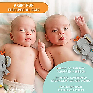 Tickle & Main We are Twins, Baby and Toddler Twin Gift Set, Keepsake Book and Set of 2 Plush Elephant Rattles for Boys and Girls