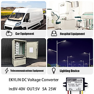 DC 12v 24v to 5v Step Down Converter Regulator 5A 25W Power Adapter Reducer for Car Electronics Truck Vehicle Boat Solar System (Accept DC 8-40V Inputs)
