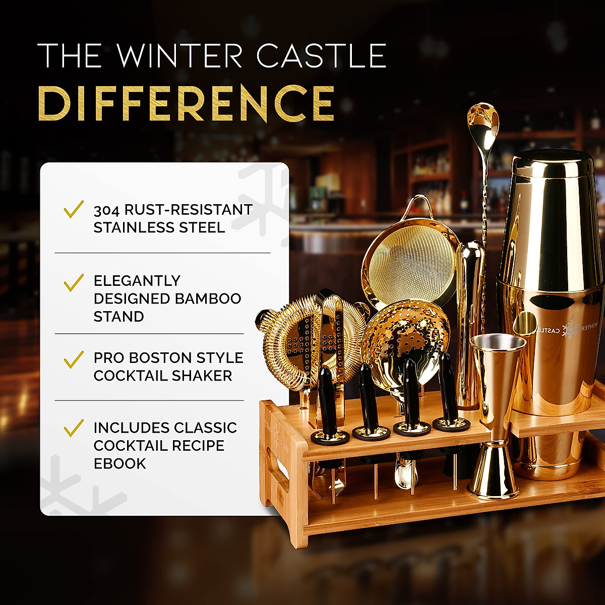 Cocktail Shaker Set 18 Piece, Mixology Equipment, All-in-One Cocktail Set, Drink Shaker, Strainers and Essential Bar Tools, Bar Set for Beginner & Professional Use, Gold - WinterCastle Enterprises