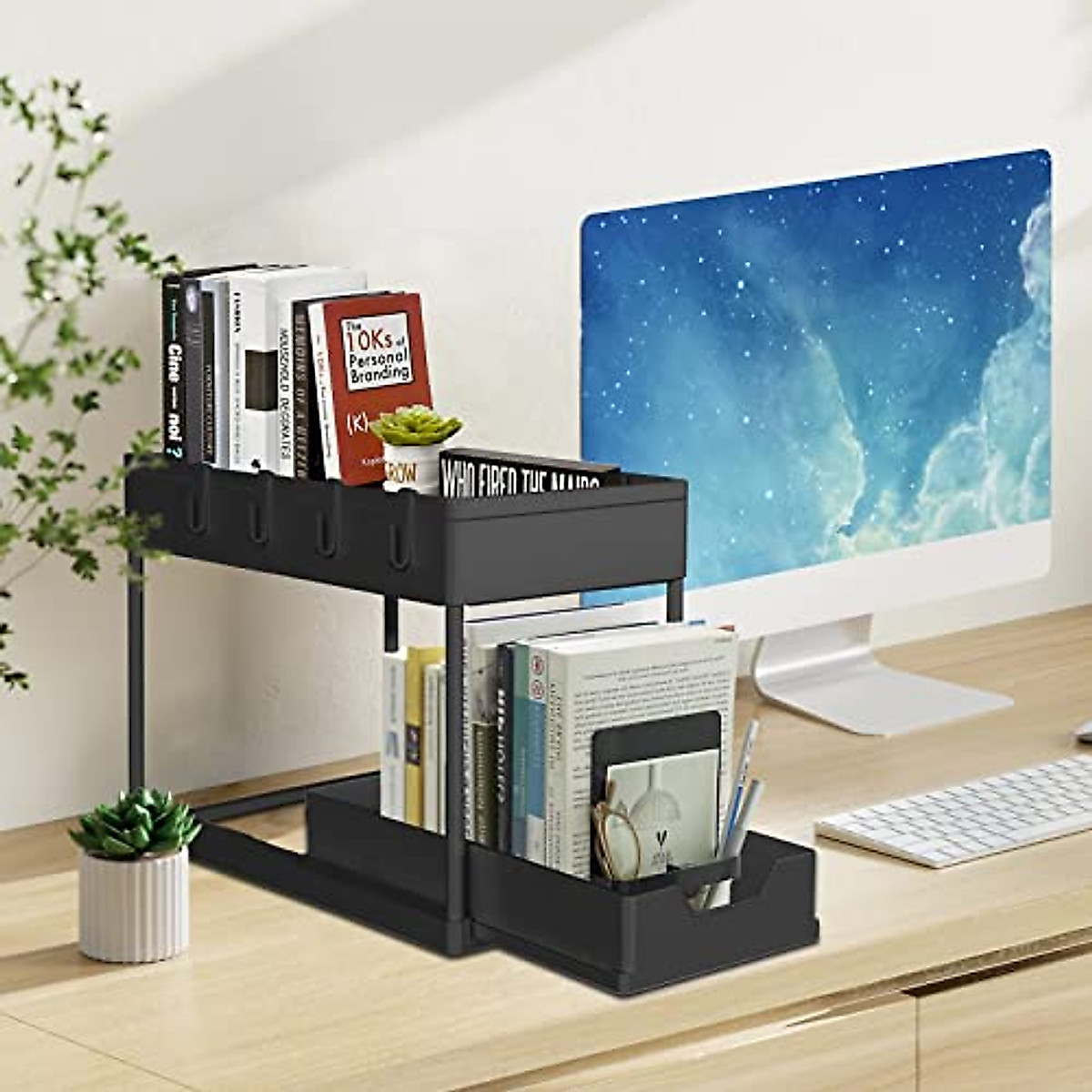 2 Pack Under Sink Organizer, Under Sink Organizers and Storage, Sliding 2 Tier Cabinet Organizer, Multi-Purpose Storage Rack with Hooks for Kitchen and Bathroom, Office, Bedroom(2 Pack) (Black2)