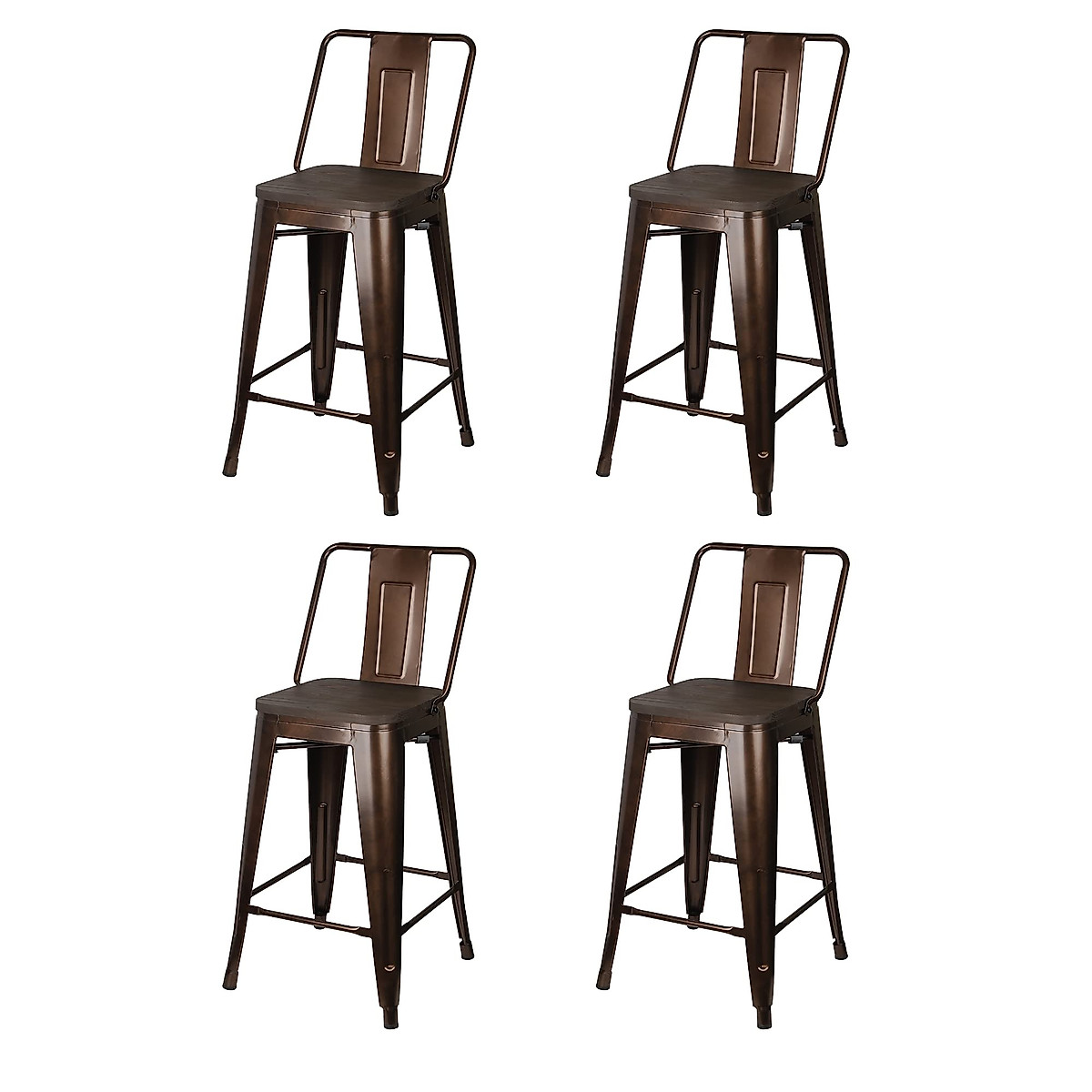 LEEJAY Commercial Grade Indoor Metal Bar Stools Set of 4, 24 Inch High Back, Gun Gray Counter Height Patio Barstools with Black Padded Cushion, 12"x12" Seat, Extra Durable and Stackable, Easy Assembly