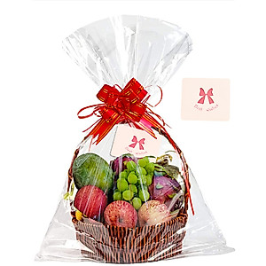 NUIBY 12 Pack 30"x40" Clear Basket Bags Package Bags Large Clear Cellophane Wrap for Baskets and Gifts, with Ribbon Bows and Greeting Cards (1.6 Mil) (30W x 40L)