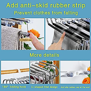 Pants Hangers Space Saving-2 Pack Stainless Steel Multifunctional Uses Rack Organizer-5 Tier No Slip Collapsible Pant Rack for Pants,Jeans,Scarf,Trouser,Towel,Clothes