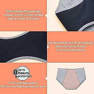 YooTime Sport Period Panties, Cotton Period Underwear for Women Teen Girls Heavy Flow, Nightwear Hipster Panties with Storage Bag Grey/3Pack/M