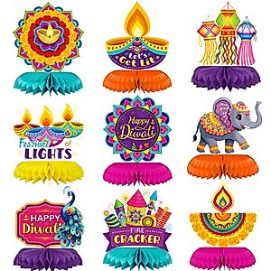9 Pieces Diwali Honeycomb Ornaments - Diwali Party Decorations Demon Slayer Table Centerpieces Tabletop Decorations Diwali Happy Decorations for Indian Diwali Home Rangoli Party Decorations