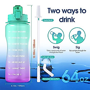 Y&3 64oz Half Gallon Water Bottle with Straw & Time Marker, Leakproof, BPA Free Tritan Water Jug, Motivational Water Bottle with Handle, For Outdoor, Fitness, Gym (Green/Purple Gradient, 64oz)