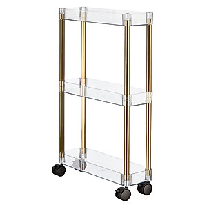 mDesign Slim Portable 3-Tier Household Rolling Storage Cart for Bathroom, Kitchen, Craft Room, Laundry Room, Office, and Kid's Playroom - 4 Rotating Wheels - Clear/Soft Brass