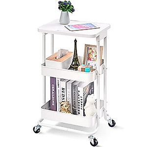 TOOLF 3-Tier Metal Rolling Storage Cart with Plastic Tabletop, 3-Tier Metal Serving Rolling Cart with Contral Handle,Trolley Organizer with Locking Wheels for Library Office Classroom Home Dedroom
