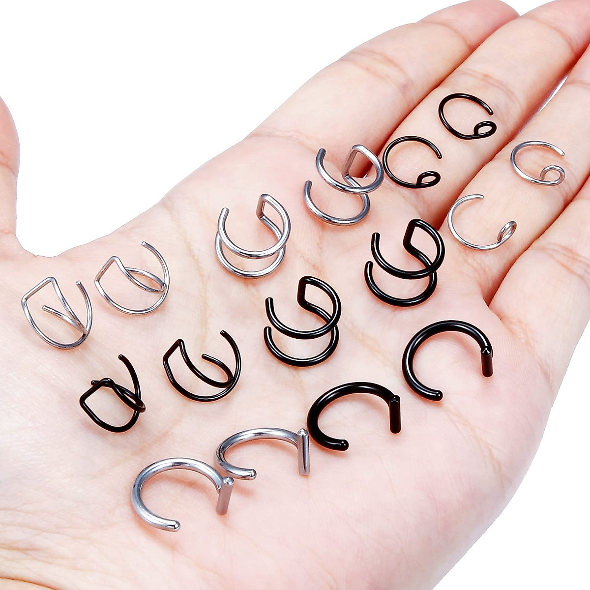 Ftovosyo Fake Lip Rings T Shaped Stainless Steel Gothic Clip on Non Piercing Nose Ring Double Cartilage Helix Earrings Ear Cuff for Women Men