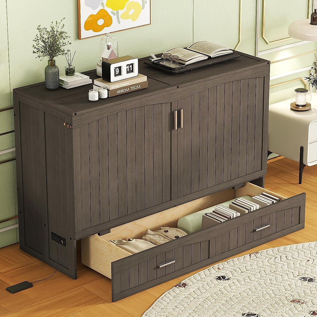 Harper & Bright Designs Murphy Bed Cabinet Queen with Storage Drawer and Charging Station, Wooden Foldable Murphy Chest Bed for Home, Office, Studio or Guest Room, Antique Gray