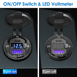 [Upgraded Version] 12V USB Outlet 2 Pack, OUFFUN PD 20W USB-C and 18W QC3.0 USB Port Aluminum USB C 12V Charger Socket with Power Switch Voltmeter for Car Boat Marine Bus Truck Golf Cart RV Motorcycle