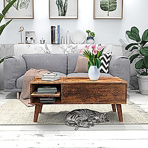 naspaluro Wood Lift Top Coffee Table with Larger Hidden Compartment and Adjustable Storage Shelf, Lift Tabletop Dining Table for Home Living Room, Office, Rustic Oak