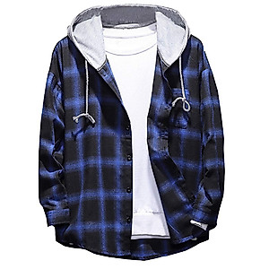 Lavnis Men's Plaid Hooded Shirts Casual Long Sleeve Lightweight Shirt Jackets Blue XL