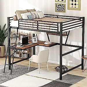 Lifeand Full Size Loft Metal&MDF Bed with Desk and Shelf, Black