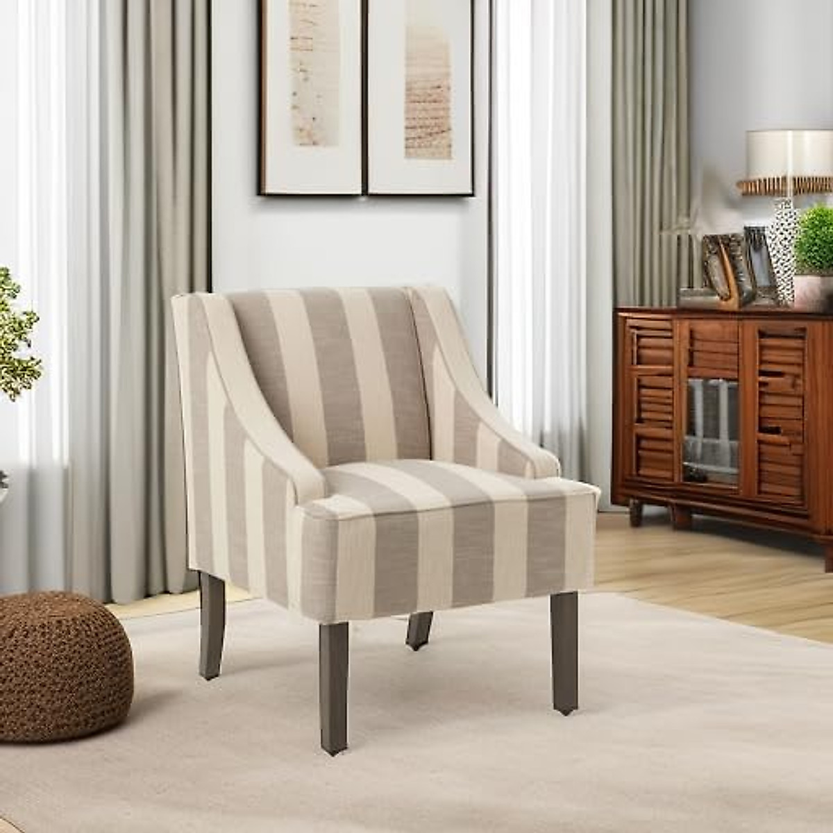 HomePop Velvet Swoop Arm Accent Chair, Grey Awning Stripe