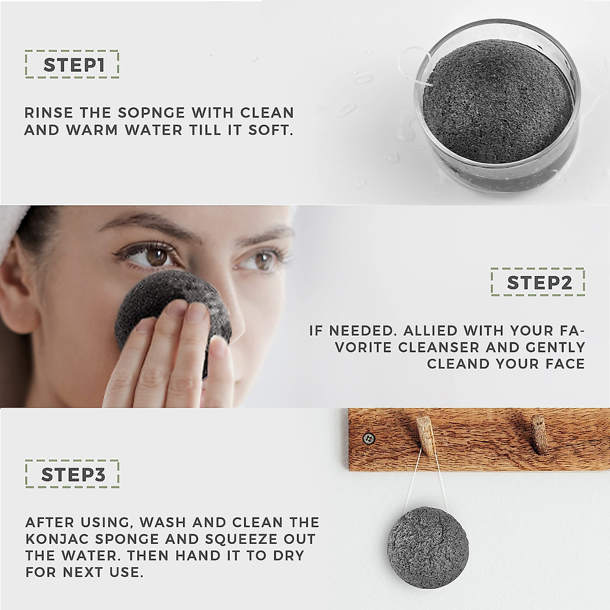 ZOMCHI Konjac Sponge | Natural Facial Sponges | Eco-Friendly & Reusable | Skin Cleanser | Makeup Remover | 3 Packs Activated Bamboo Charcoal Facial Cleansing Sponge