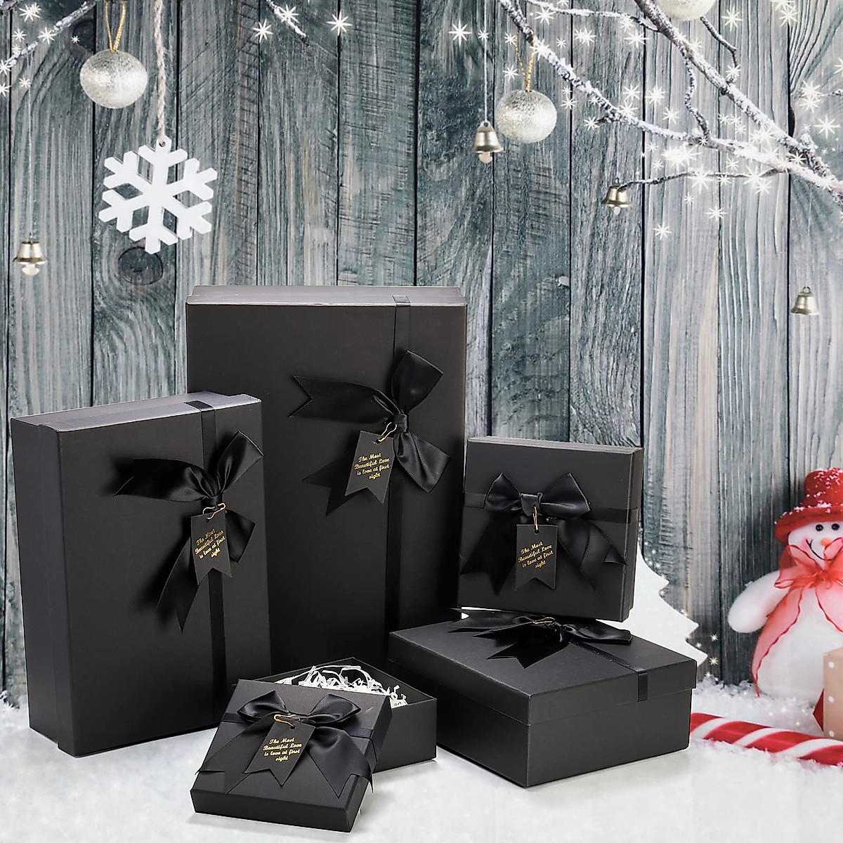 ZENFUN 5 Pack Black Nested Gift Boxes with Lid for Presents, 5 Sizes Luxury Packaging Box with Ribbon Bows and Label Gift Wrap for Thanksgiving Christmas Birthday, Weddings, Mother's Day 13.7'' to 5.1''