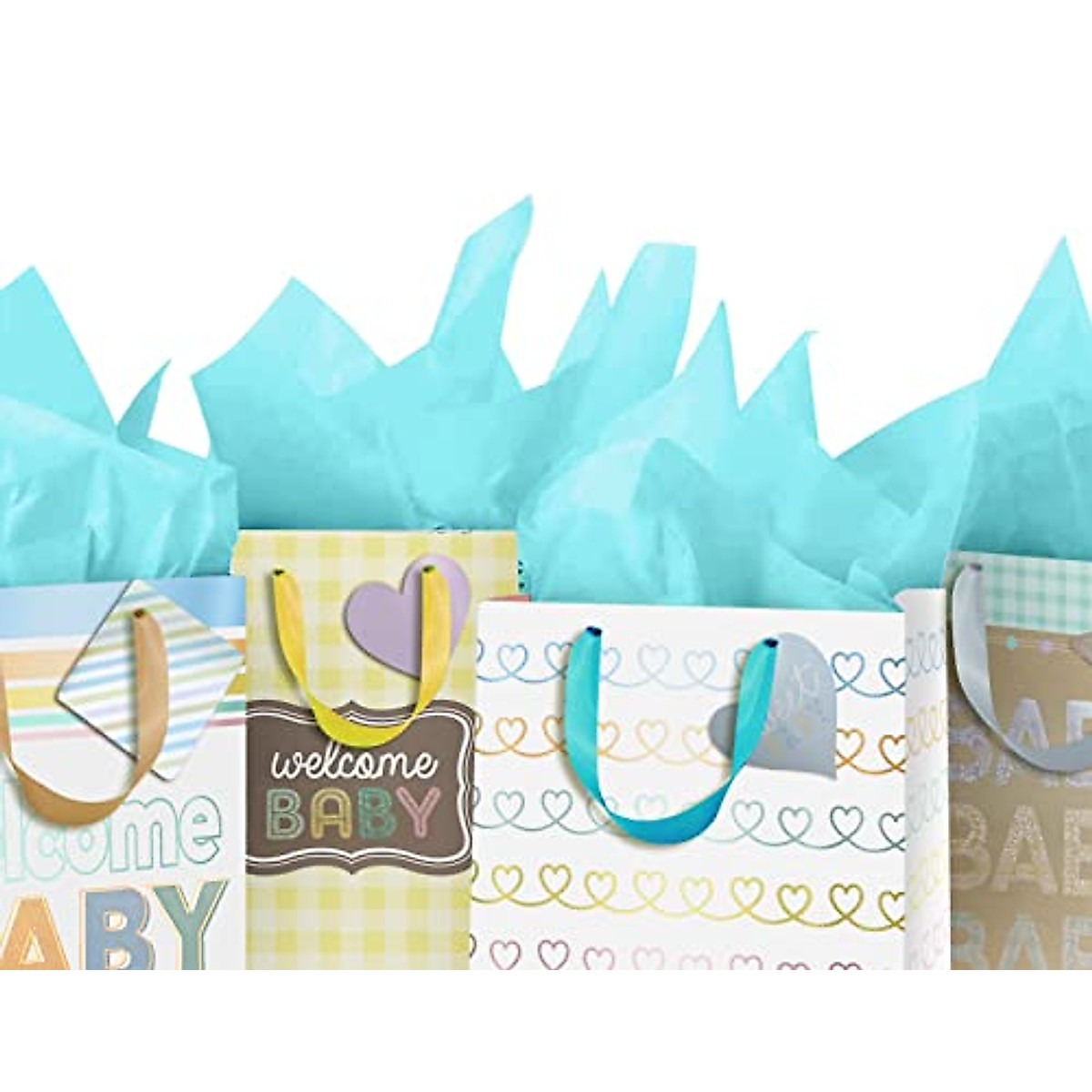 YE GIVING Baby Gift Bags With Tissue, 8"x4"x10" 4 Pack. 4 Designs. Gift Bag Set for New Baby, Includes Tissue Paper And Tags.
