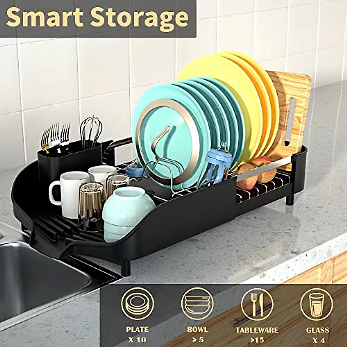 Dish Drying Rack, Expandable Dish Rack for Kitchen Counter(14'' to 20") Auto-Drain Stainless Steel Cutlery Rack and Utensil Holder, Kitchen Dish Drainer Rack - Black