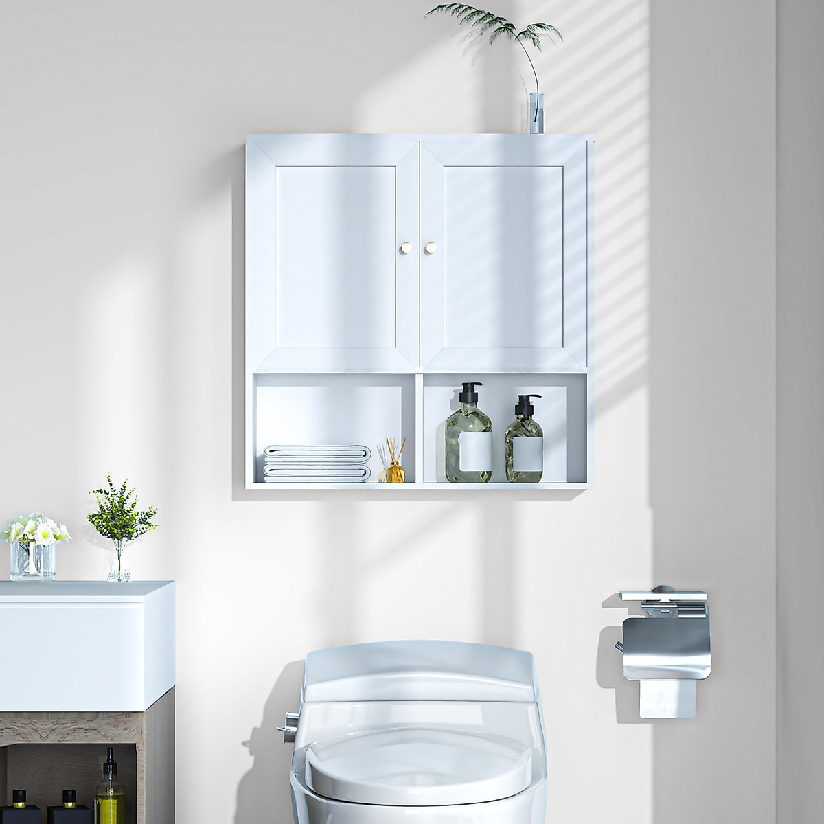 Azheruol Bathroom Wall Cabinet, Medicine Cabinet with 2 Door and Adjustable Shelves,3-Tier Wood Hanging Storage Over The Toilet,White Wall Mounted Cabinet for Bathroom, Kitchen,Laundry Room