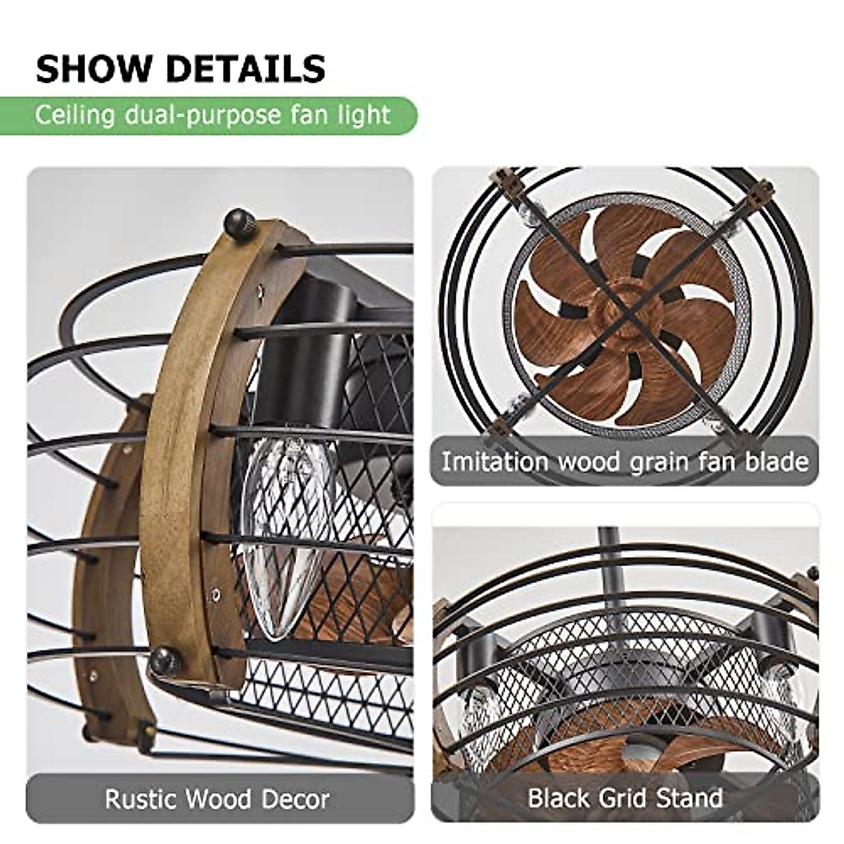SADENICEL Farmhouse Caged Fan with Lights Remote Control, 17 Inch Low Profile Bedroom Fans, Rustic Ceiling Fans for Kitchen, Dining Room (Antique Wood-E)