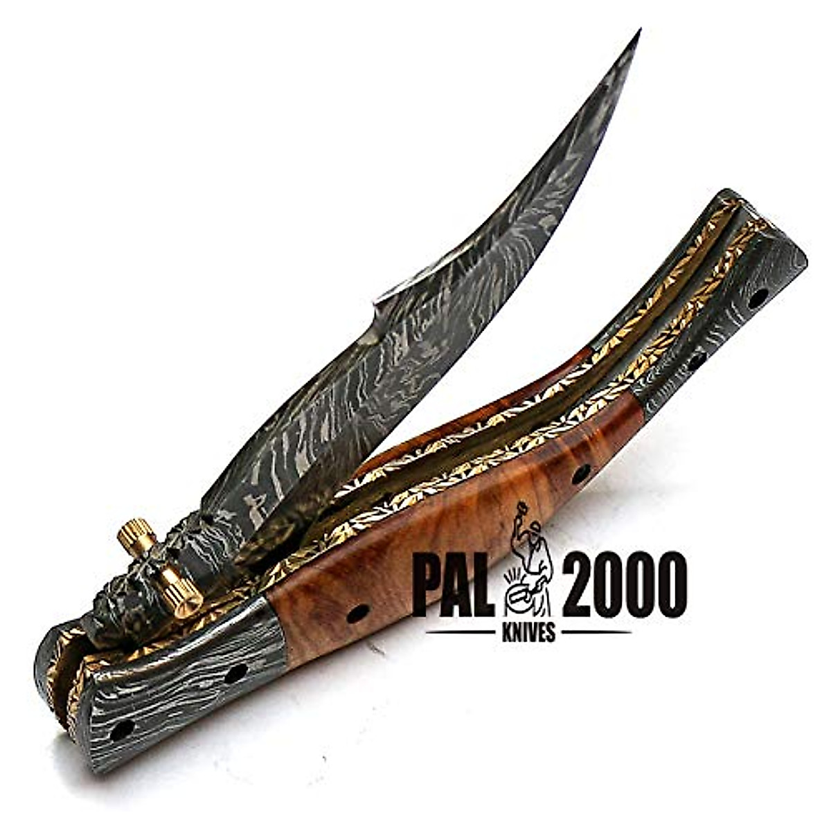 PAL 2000 HUNTING KNIVES FOL-8459 Handmade Damascus Steel Pocket Knife Olive Wood Handle With Sheath
