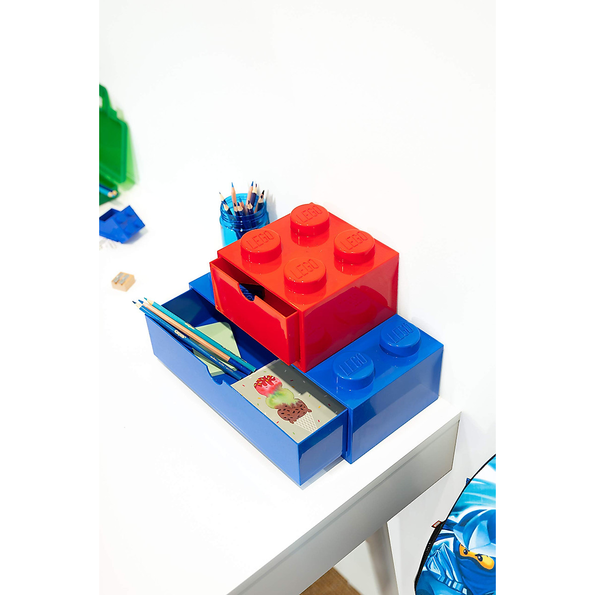 Room Copenhagen LEGO Storage Brick 4 Desk Drawer, 4-Stud Stackable Tabletop Storage Box, 6.2 x 6.2 x 4.4 In, Red