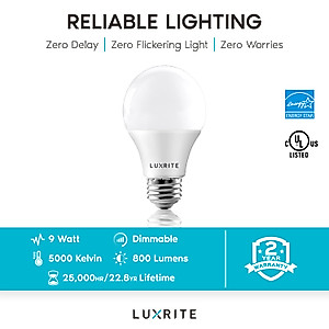 LUXRITE A19 LED Bulb 60W Equivalent, 5000K Bright White, 800 Lumens, Dimmable Standard LED Light Bulbs 9W, Enclosed Fixture Rated, Energy Star, E26 Medium Base - Indoor and Outdoor (24 Pack)