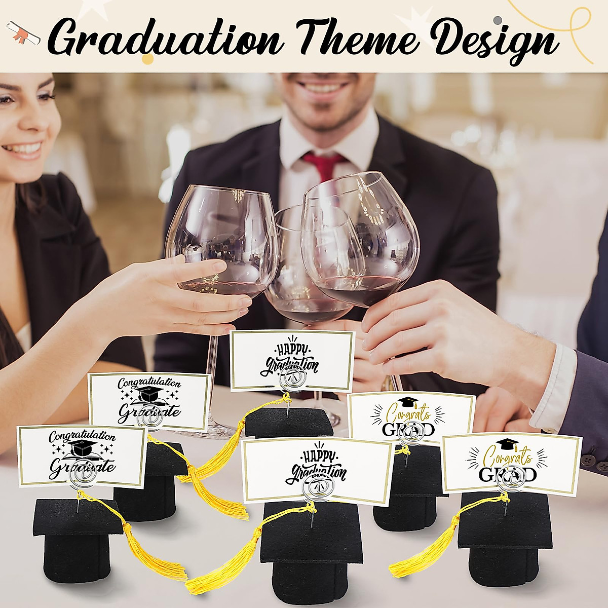 Threehoney 24 Sets Graduation Cap Ornament Place Card Holders Photo Holders with Yellow Tassel and Name Cards Congratulate Graduates Supplies for Graduation Party Celebration