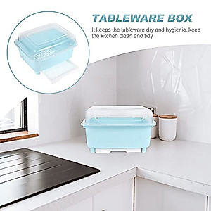 Hemoton Dish Drying Rack with Lid Cover Nursing Bottle Holder Kitchen Plate Cup Dish Drying Rack Tray Cutlery Dish Drainer Kitchen Cabinet Organizer Blue