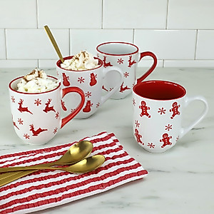 Euro Ceramica Winterfest Collection 4 Piece Mug Set | Festive Assorted Parttern | Stoneware Mugs Set |Hand-Stamped Holiday Design, Red & White Assorted Holiday Patterns| Winterfest nGift Set