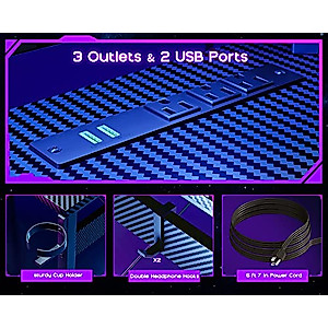 ODK L Shaped Gaming Desk with LED Lights & Power Outlets, 51" Computer Desk with Full Monitor Stand, Corner Desk with Cup Holder, Gaming Table with Hooks, Black Carbon Fiber