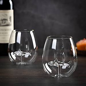Stemless Wine Glass with Shark Inside, 16 OZ Large Capacity Unique Wine Glasses with 3D Shark Marker Wedding Birthday Gifts for Sea Ocean Lovers