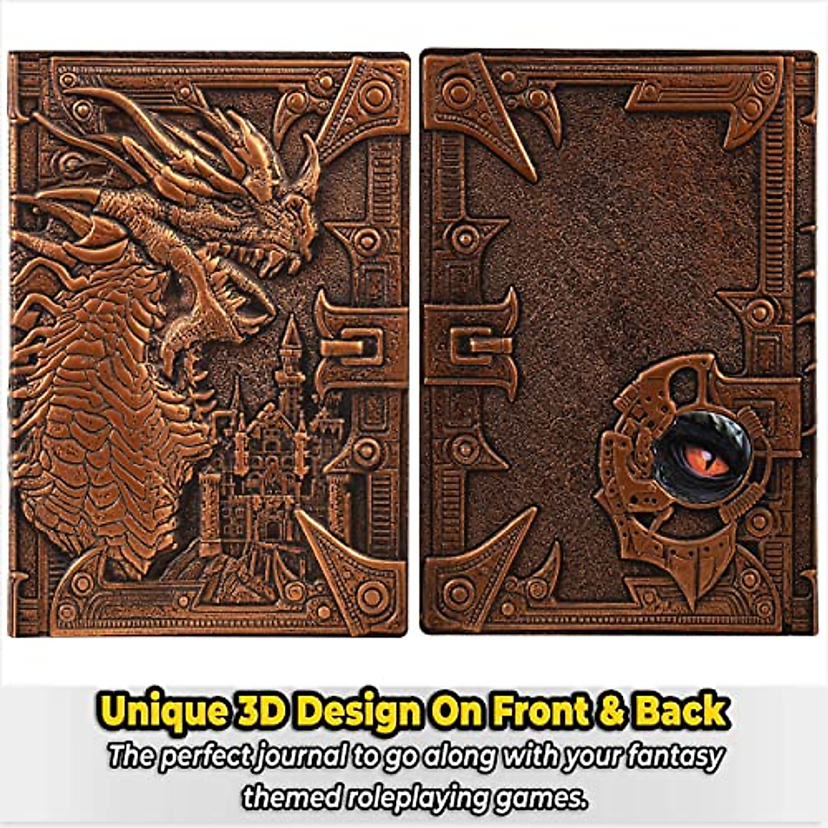 DND Notebook / Journal, Unique 200 Page Book with 3D Bronze Dragon Embossed Faux Leather Cover with Pen- Ideal for Dungeons & Dragons / D&D. Great RPG Accessories Nerdy Fantasy Gift for DM's & Players, Men or Women.
