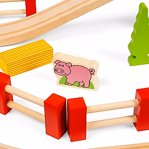 Bigjigs Rail 80 Piece Rural Road and Rail Wooden Train Set - Kids Train Set with 80 Bigjigs Train Accessories incl. Bridges & a Level Crossing for Pretend Play