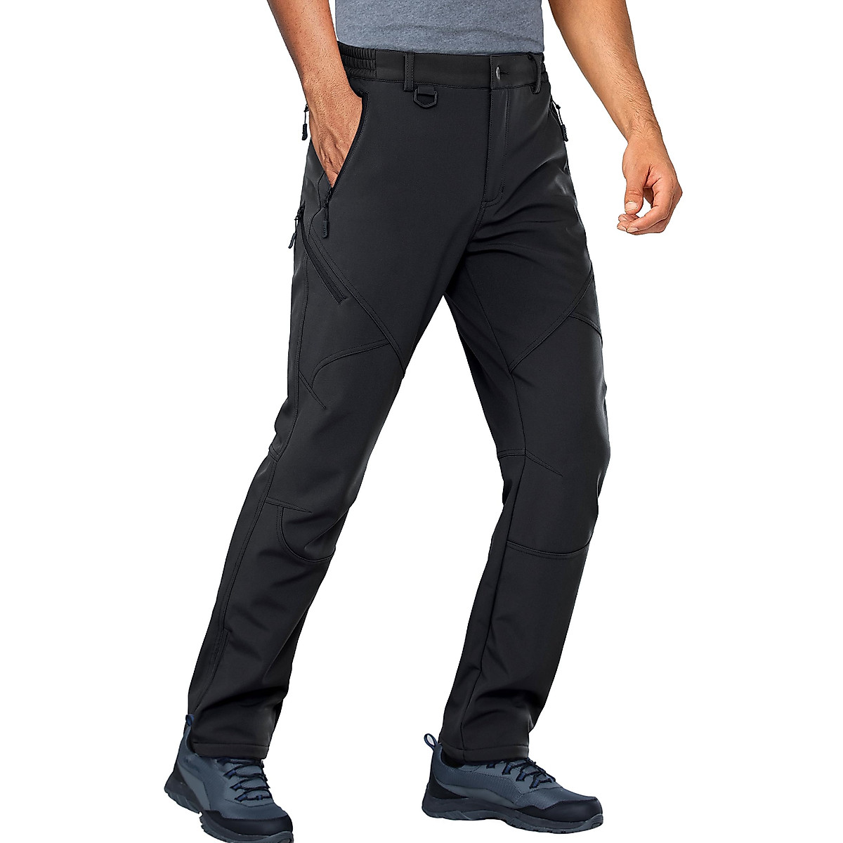 Stlight Mens Snow Ski Water Repellent Softshell Pants for Winter Hiking Fleece Lined Bottom Leg Zipper with 6 Zip Pockets(Black 34W/30L)