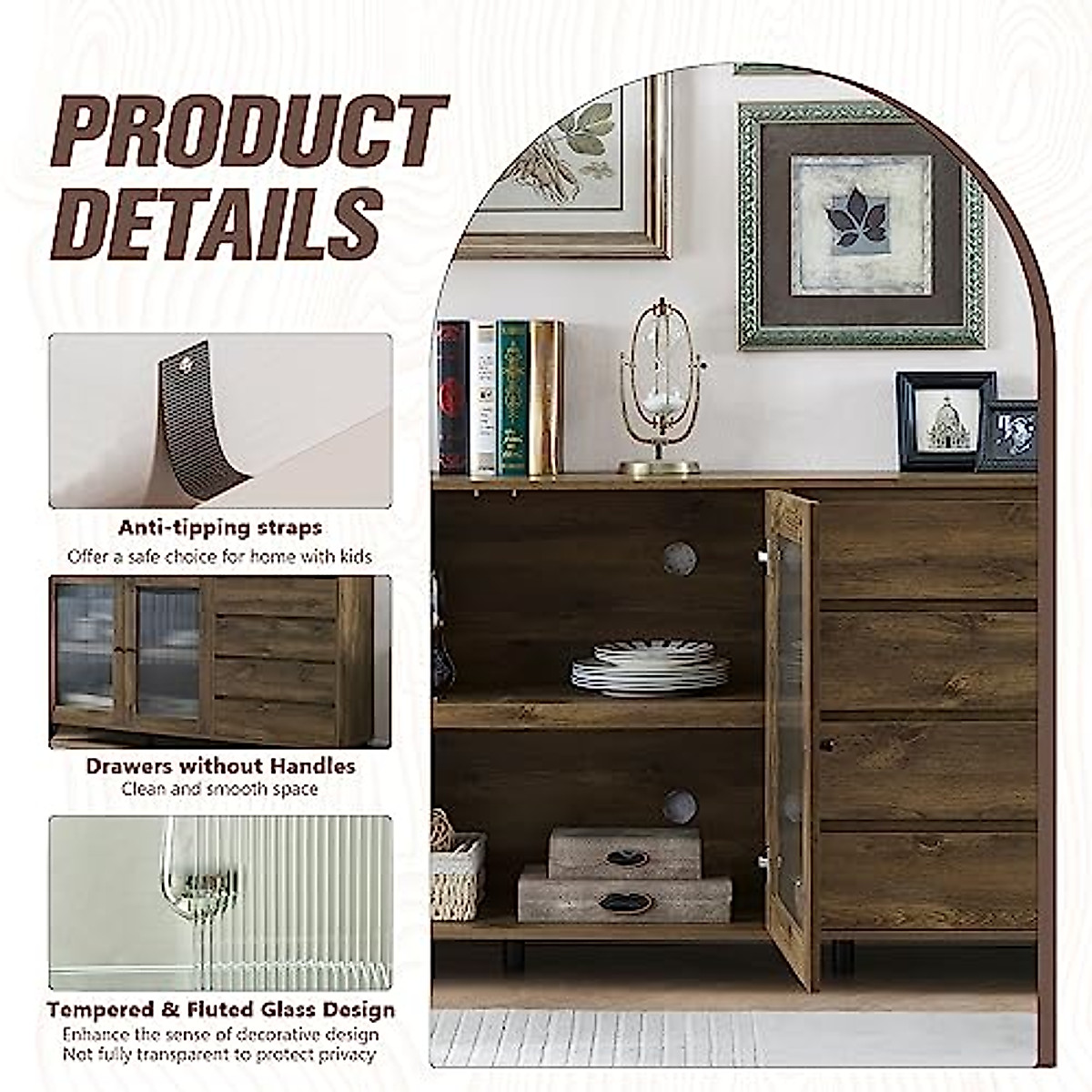 worldchoice Sideboard Buffet Cabinet 63" Wine Bar Cabinet with 4 Drawers & 2 Tempered Glass Doors Coffee Bar Cabinet Console Cabinet with Adjustable Shelf for Living Room Dining Room Kitchen, Brown