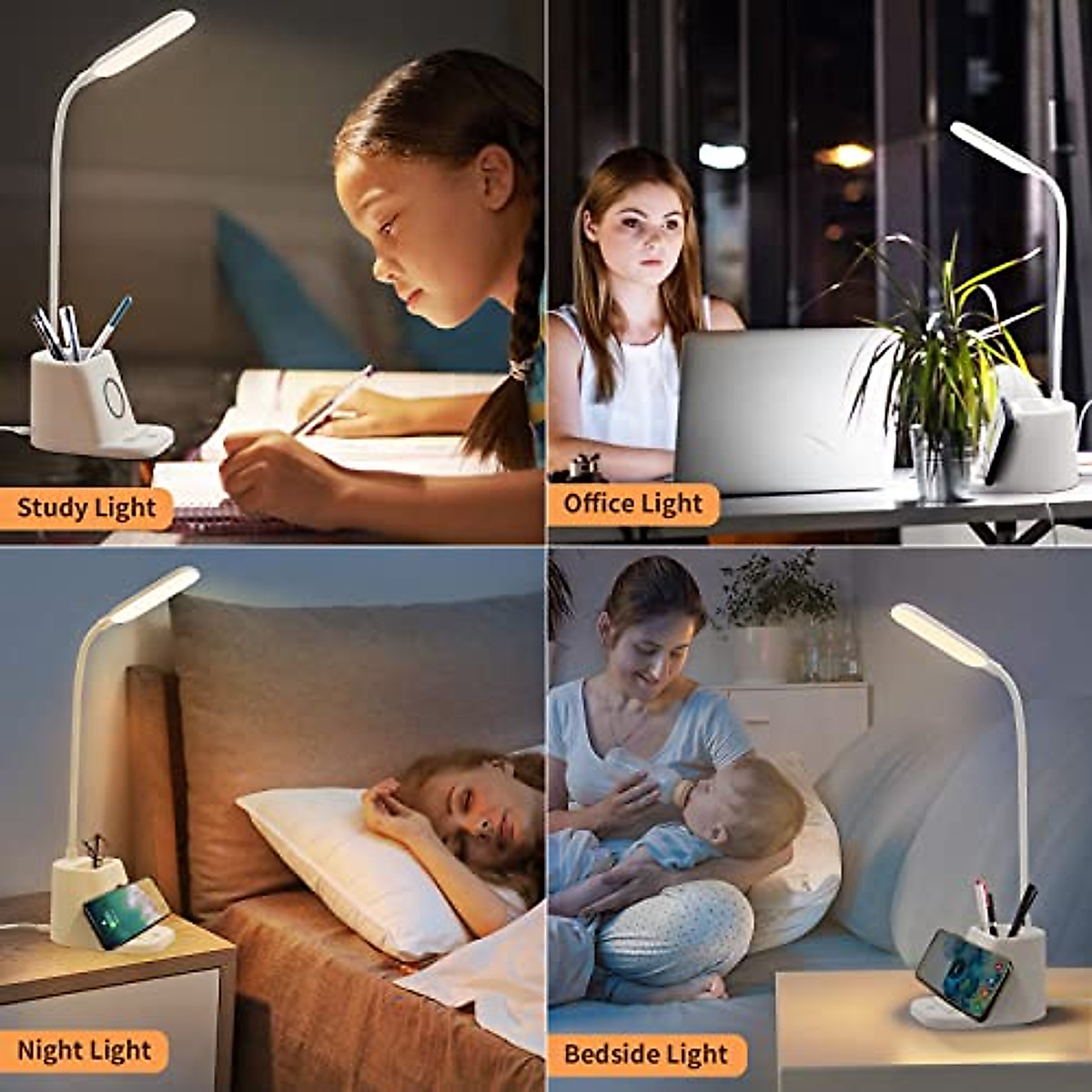 IIOSUYUI Desk Lamp for Home Office, Wireless Charger LED Desk Light with USB Charging Port, 3 Modes Table Lamp with Pen Holder Phone Holder, Desk Lamps for Students Kids