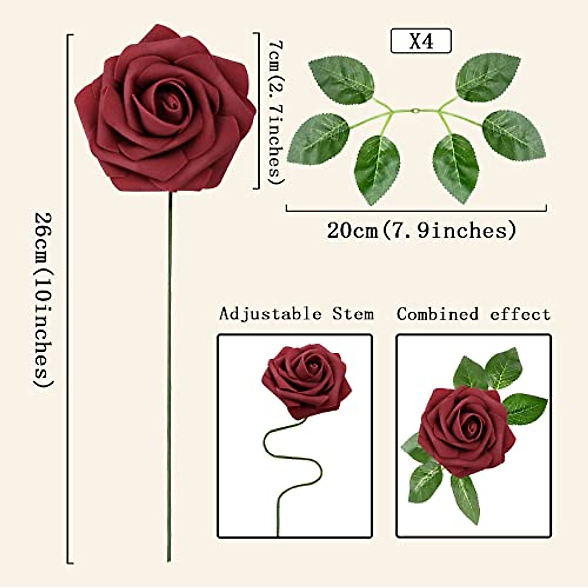 Fasjewly 25pcs Artificial Flower Foam Rose，Handmade Big Fake Flower Heads Red Roses for DIY Wedding Bouquets Bridal Shower Party Home Decorations with Box(25 Heads-Burgundy)