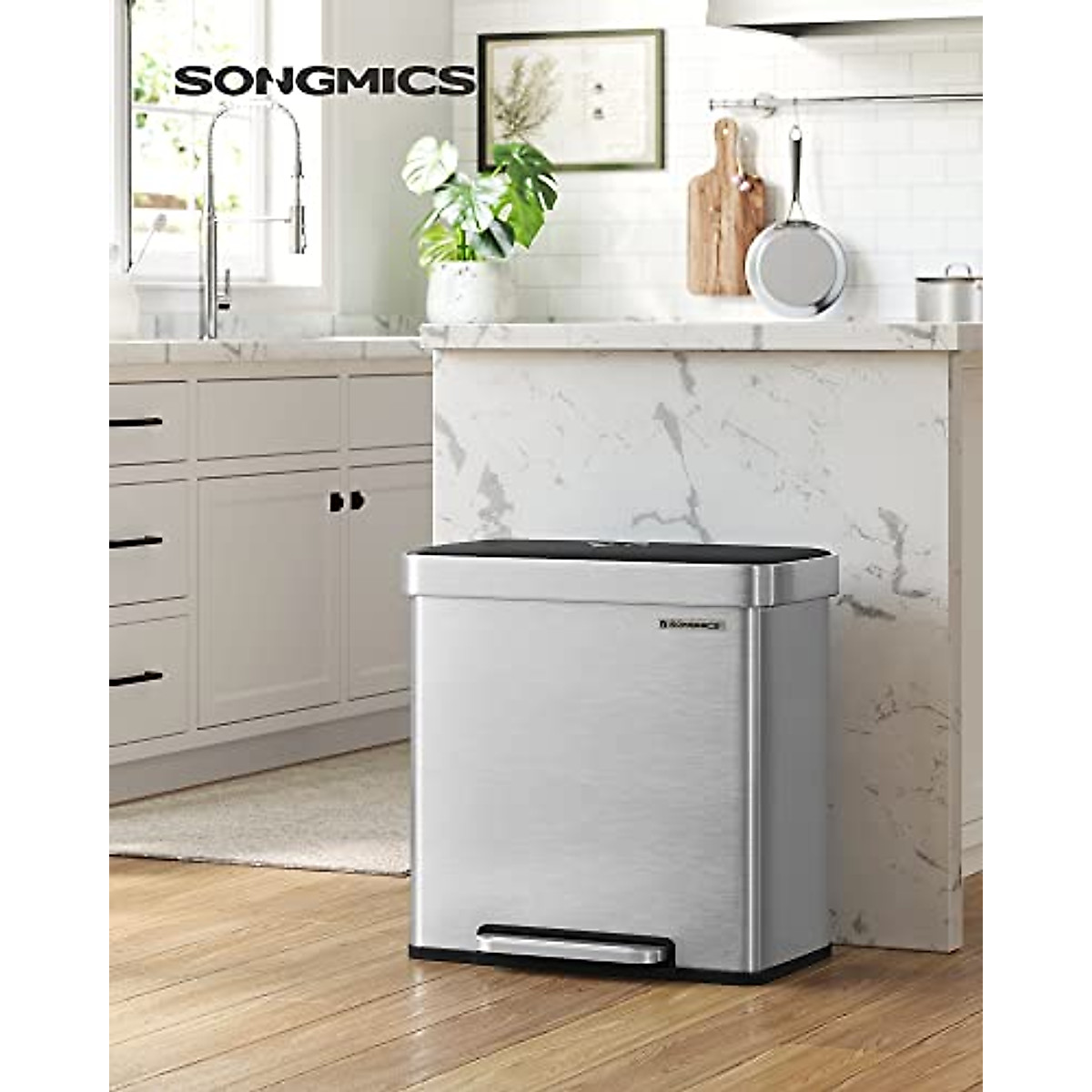 SONGMICS Kitchen Trash Can, 16 Gallons (2 x 8 Gallons) Dual Compartment Garbage Can, 60L Pedal Recycling Bin, Stay-Open Lid and Soft Closure, Stainless Steel, 15 Bags Included, Silver ULTB202E01