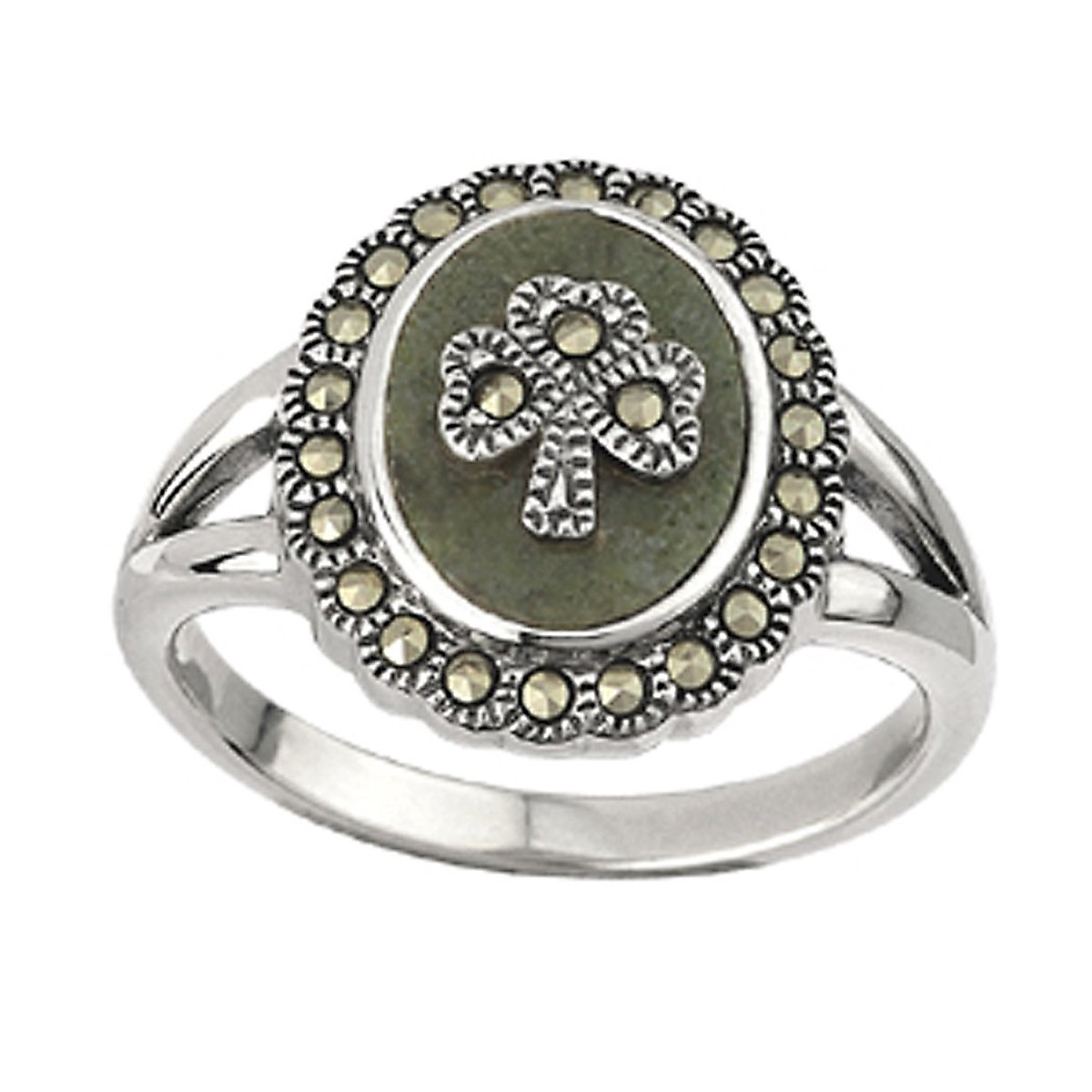 Sterling Silver Irish Shamrock Connemara Marble Marcasite Ring by Solvar Size 8