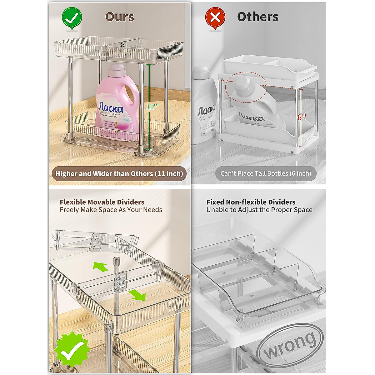 2 Tier Bathroom Cabinet Under Sink Organizers and Storage Clear, Multi-Purpose Kitchen Pantry Organization and Storage, Pull Out Medicine Cabinet Organizer Storage with Movable Dividers & Cups, 2 Set