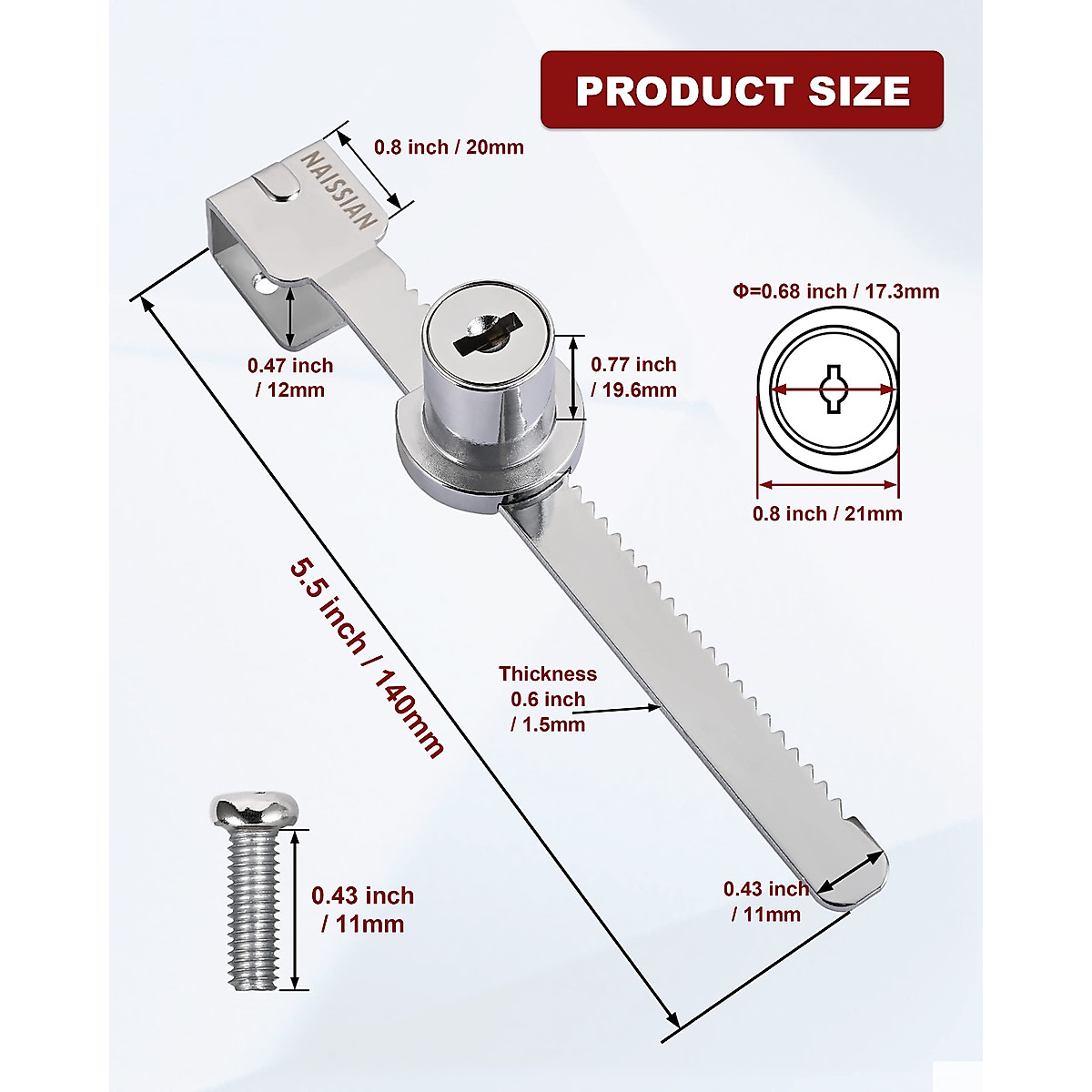 Naissian Sliding Glass Door Ratchet Lock, Lock for Sliding Glass Cabinet Door Locks with Keys Showcase Display Vivarium Reptile Cage Locks, Chrome Finish with 6 Key Aliked, Pack of 2